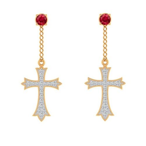 Natural Diamond Ruby 18k Yellow Gold Religious Cross Dangle Earrings | eBay