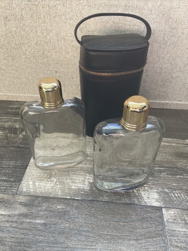 Vintage Faux Black Leather Carrying Case with 2 Vtg Glass Flasks | eBay