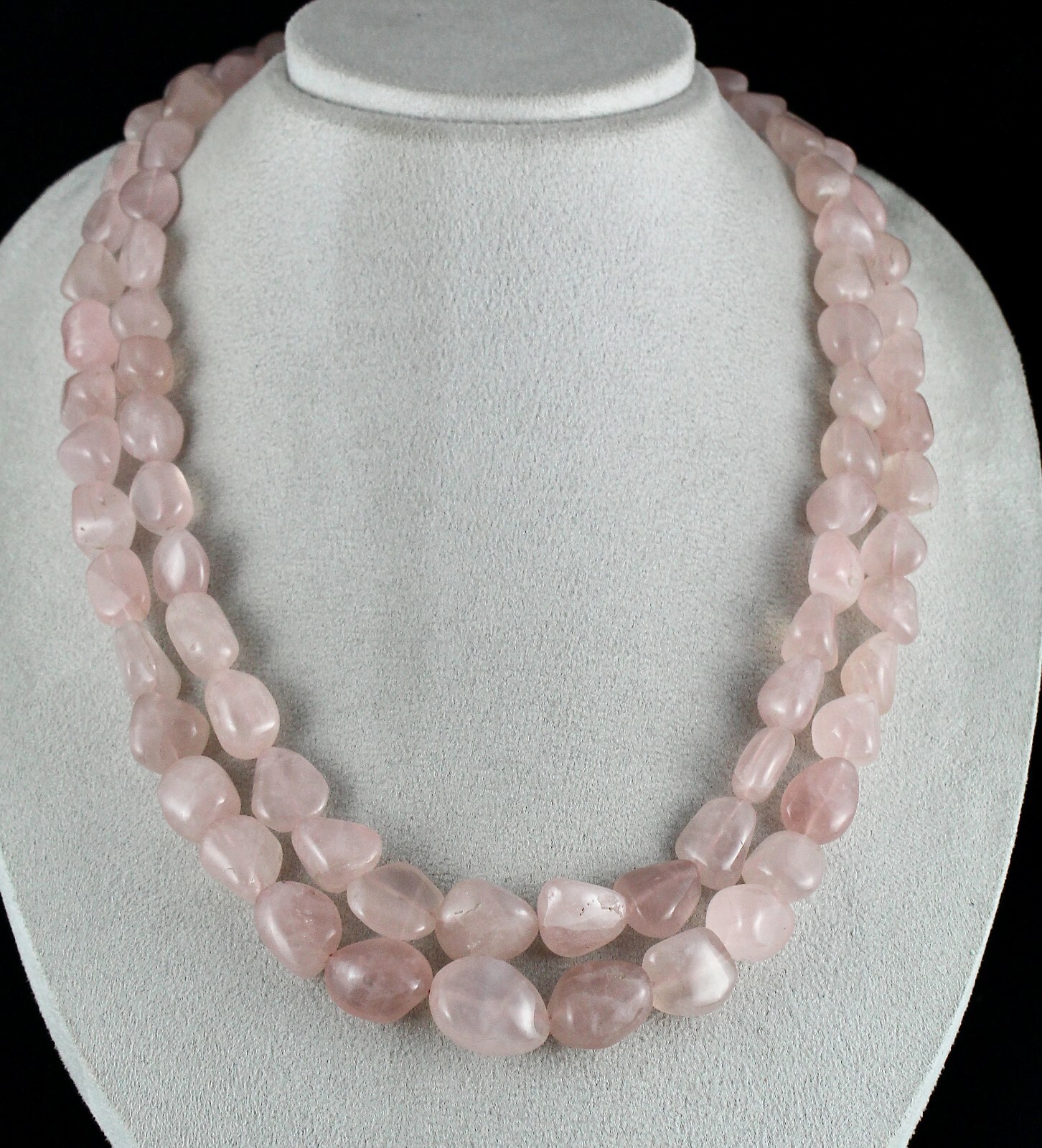 Natural Rose Quartz Beaded Necklace 2 Line 1109 Carats Nuggets Gemstone ...