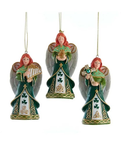 KURT ADLER SET OF 3 IRISH ANGELS HOLDING HARP, JAR & CROSS XMAS ...