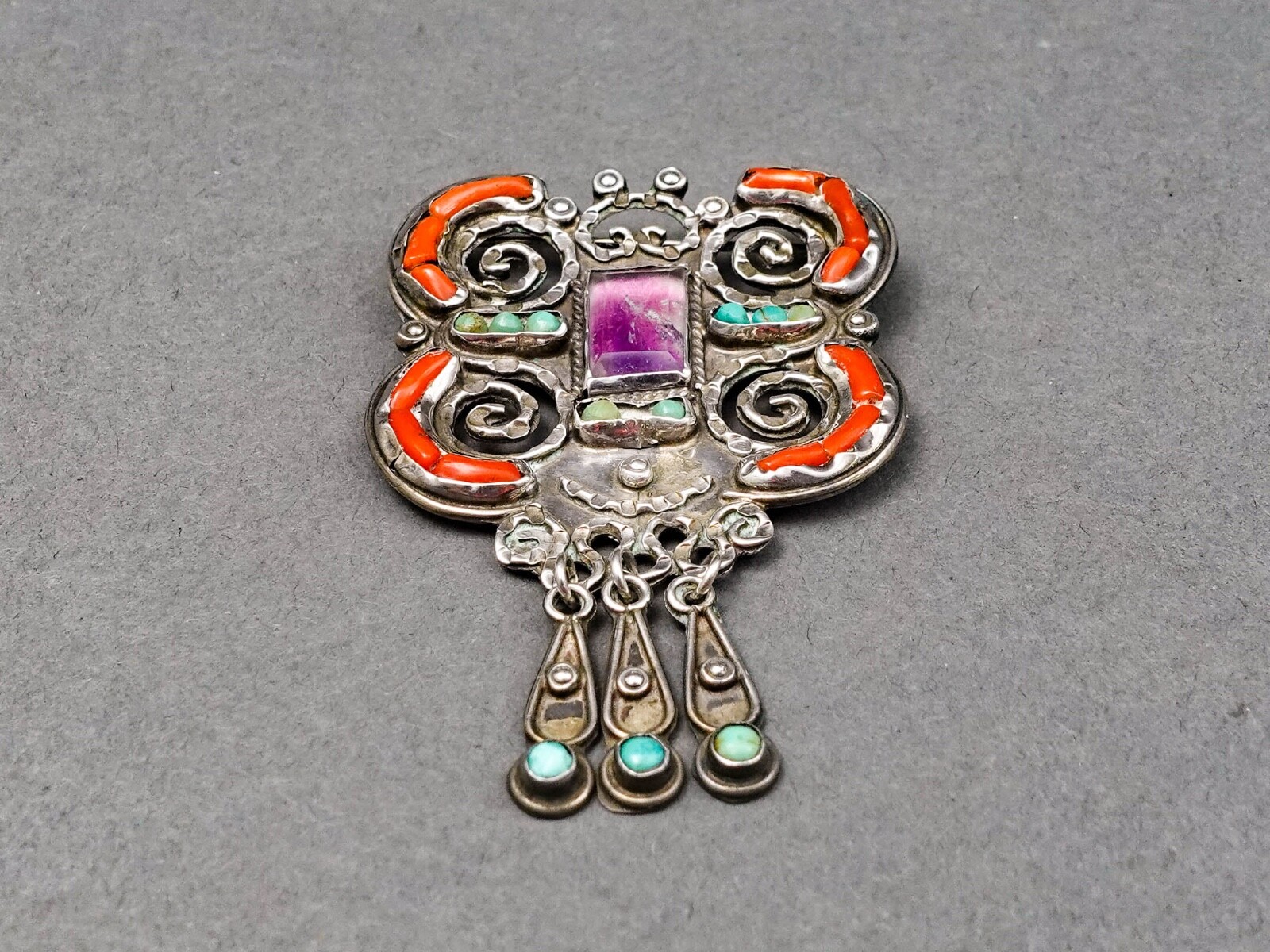 Matl Matilde Poulat Mexico Sterling Amethyst Turquoise Coral Brooch Pin ...