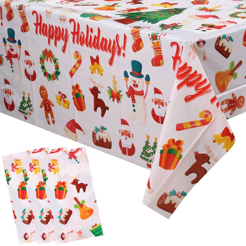 Christmas PVC Tablecloth Wipeable Table Cover Cloth Xmas Elements ...