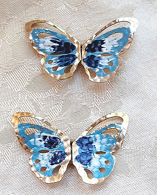 Light Blue Navy Blue White BUTTERFLY Spring Loaded Hair Clips Gold Tone ...