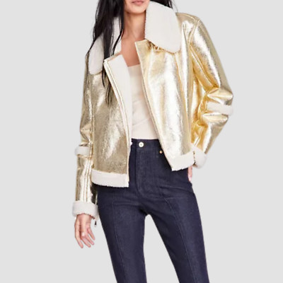 Women's Gold Shearling Jacket – Metallic Faux Fur Aviator Coat Winter ...