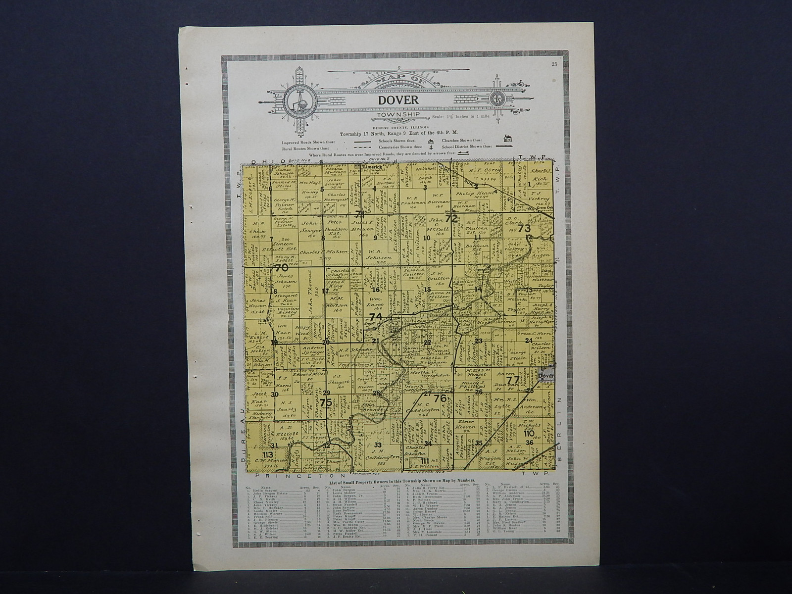 Illinois, Bureau County Map, 1916 Township of Dover W16#94 | eBay