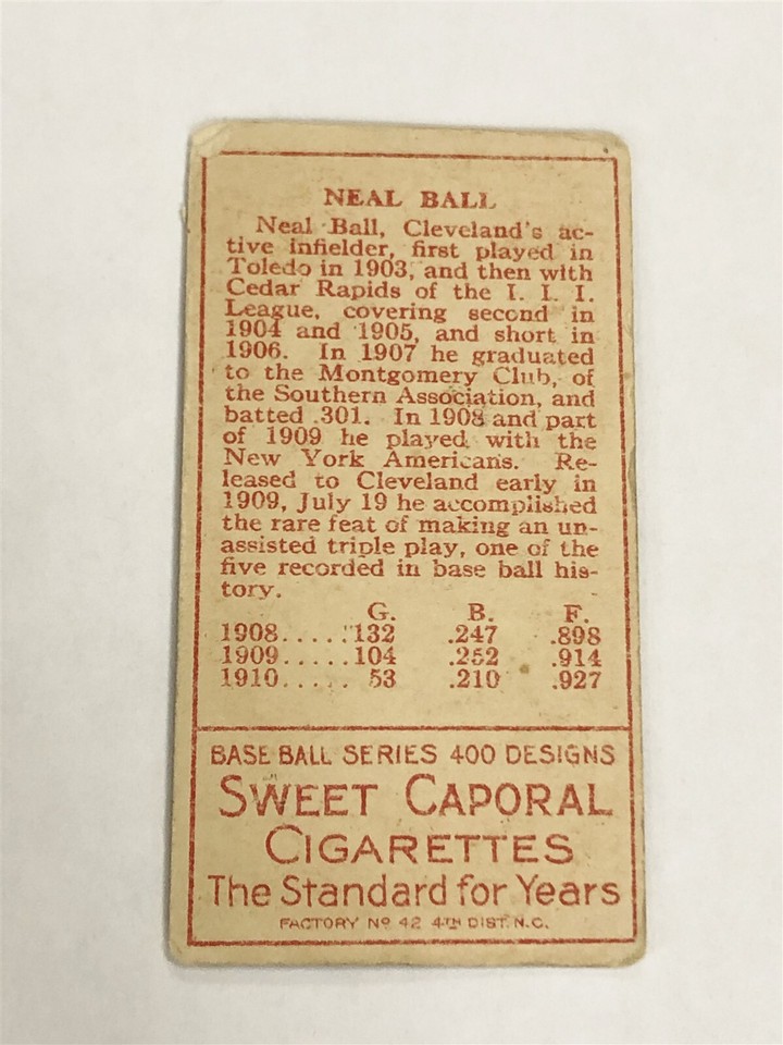 1909-11 T-206 SWEET CAPORAL CIGARETTES BASEBALL CARD NEAL BALL LOT #L50 ...