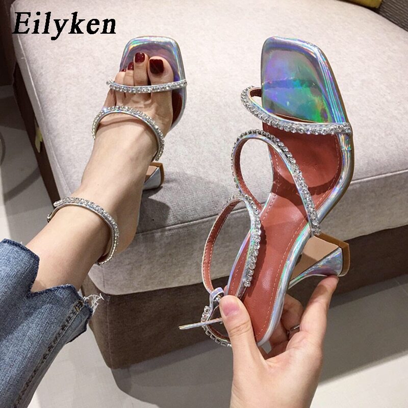 Square Toe Woman Sandals Crystal Diamond PU Leather Ankle Buckle Strap ...