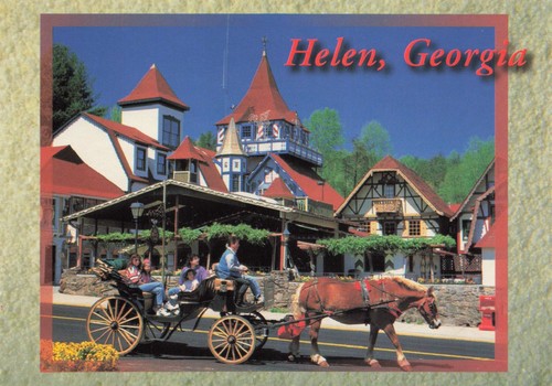 Postcard GA Helen Horse-drawn Carriage Family Village Flowers Food and ...