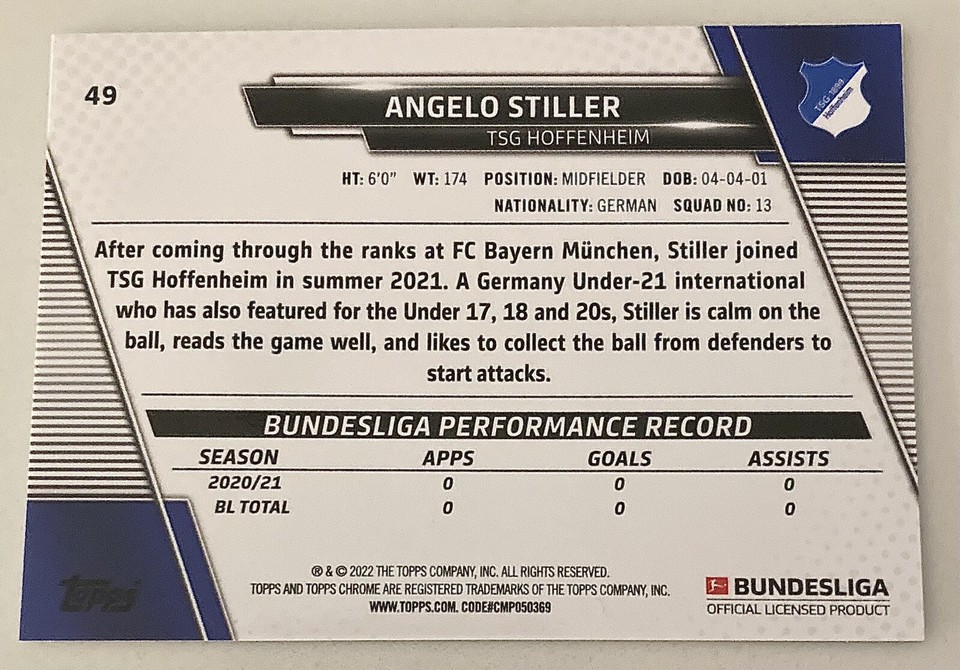 2022 Angelo Stiller Topps Chrome Bundesliga Base #49 RC | eBay
