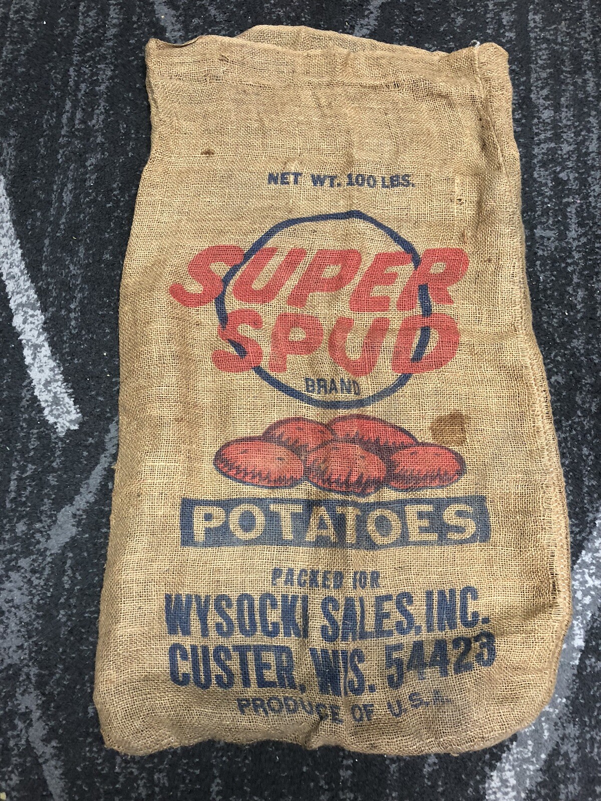 VINTAGE SUPER SPUD BURLAP POTATO BAG SACK 100 LBS WYSOCKI SALES CUSTER ...