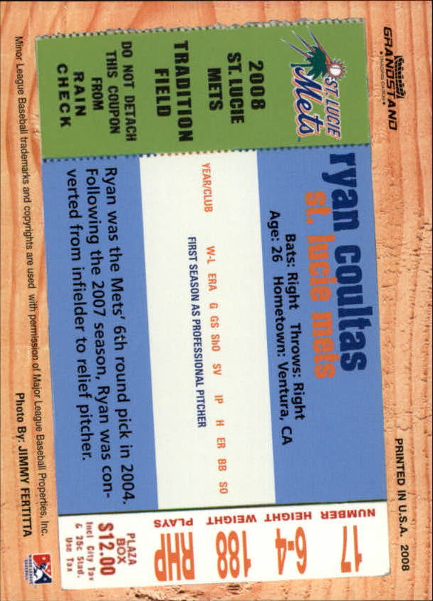 2008 St. Lucie Mets Grandstand #10 Ryan Coultas Ventura California ...