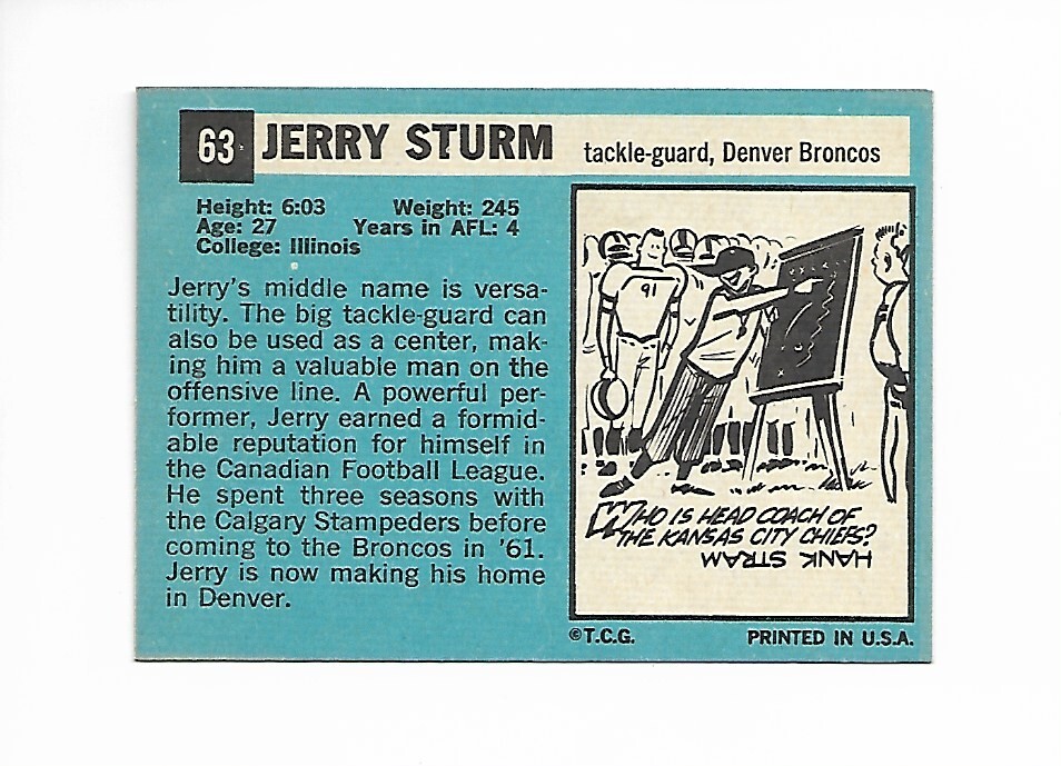 1964 Topps Football Jerry Sturm 63 Denver Broncos Free Shipping 63.64.3 ...