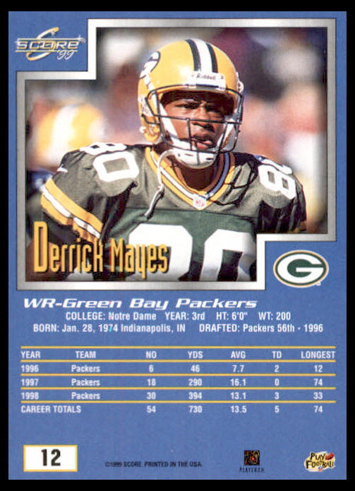 1999 Score #12 Derrick Mayes Green Bay Packers Football Card | eBay