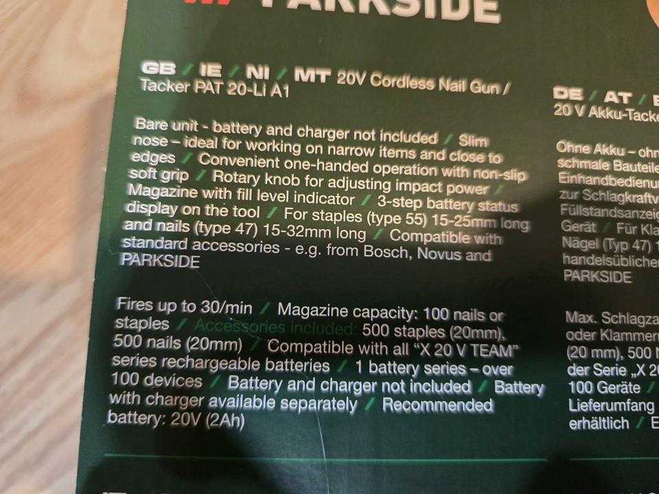 Brand new Parkside 20V Cordless Stapler Nail Gun Tacker x20v team brand ...