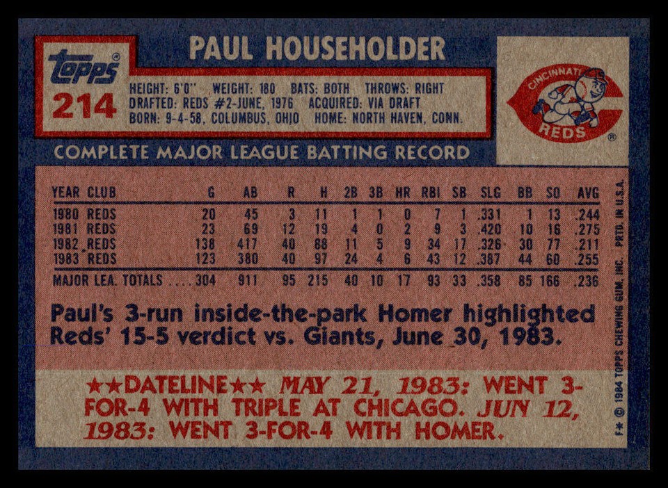 1984 Topps Paul Householder #214 Cincinnati Reds | eBay