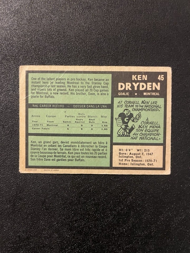 1971-72 O-Pee-Chee Ken Dryden ROOKIE CARD #45 Montreal Canadiens RC | eBay