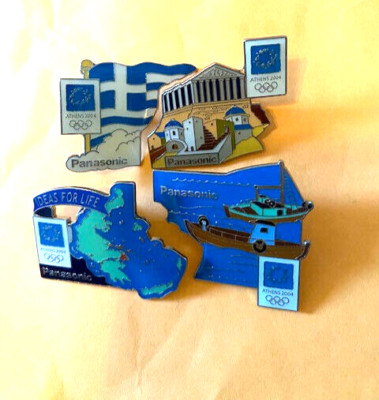 ATHENS OLYMPIC PINS PANASONIC PUZZLE SET GREEK FLAG PARTHENON FISHING ...