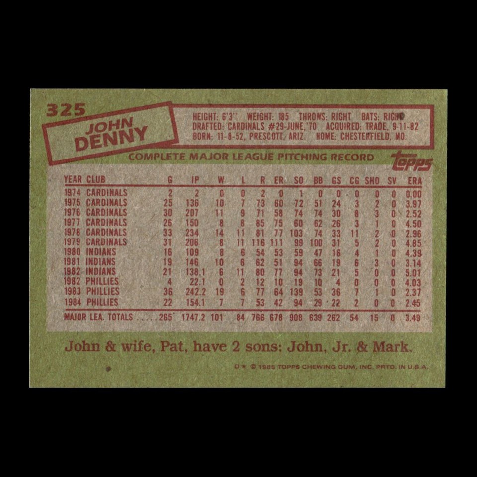 John Denny 1985 Topps Philadelphia Phillies #325 R321I 48 | eBay