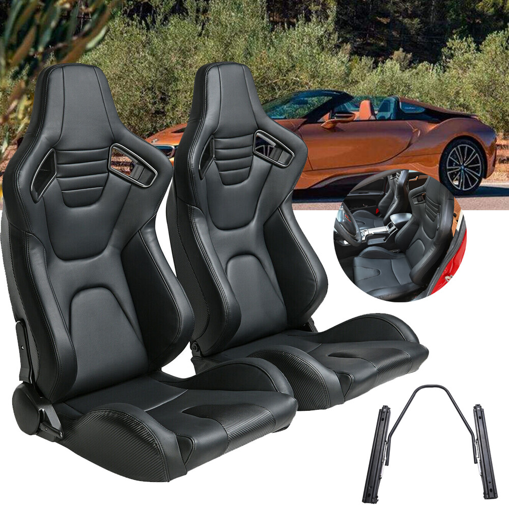 2X Universal Racing Seats PU Leather Reclinable Bucket Sport Seats w/ 2 ...