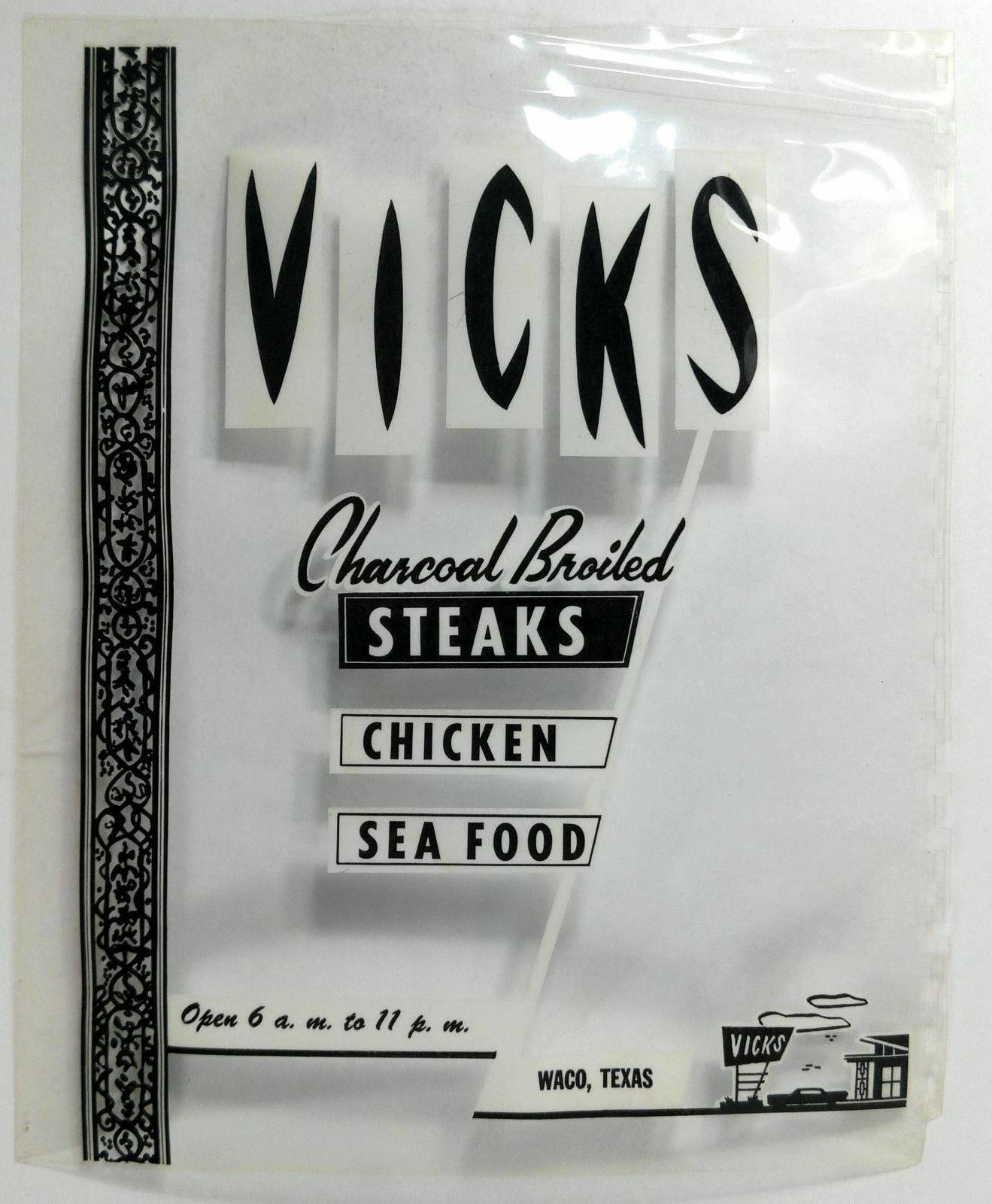 VICKS Restaurant Waco Texas Menu CLEAR COVER B & W PHOTOSTAT PROOF | eBay