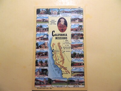 California Missions vintage linen map postcard views of each mission ...