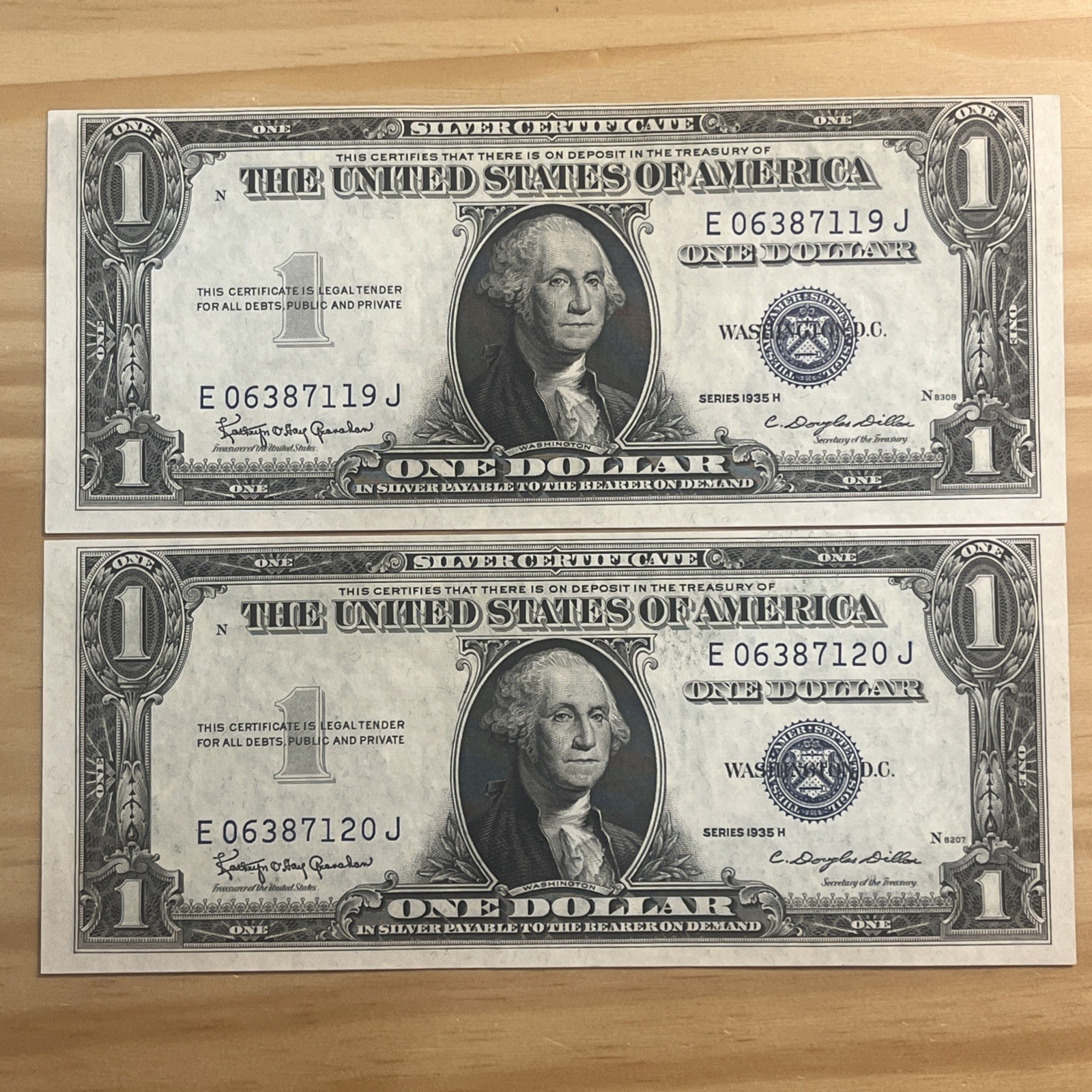 1935 H $1 Silver Certificate Blue Seal 2 Consecutive Serial Number-Miss ...