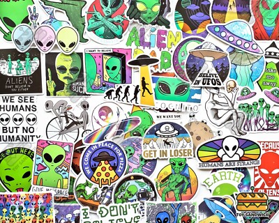 50 pcs "Alien" Sticker Pack ET UFO Galaxy Outer Space Invaders Science ...
