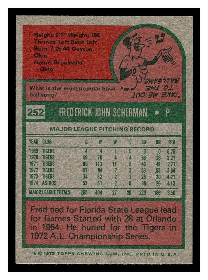 1975 TOPPS MINI BASEBALL FRED SCHERMAN #252 HOUSTON ASTROS HIGHER GRADE ...
