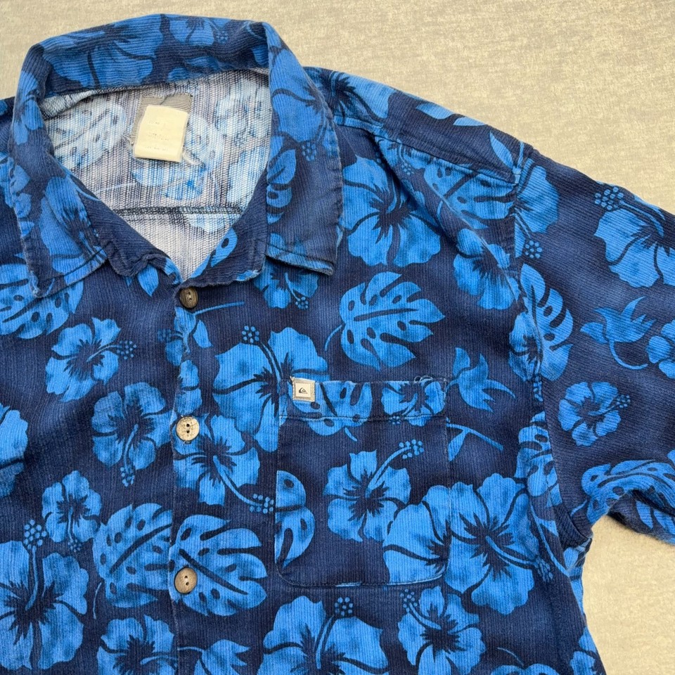 Vintage Quiksilver Shirt Mens XL Blue Floral Hawaiian Rayon Button Up ...