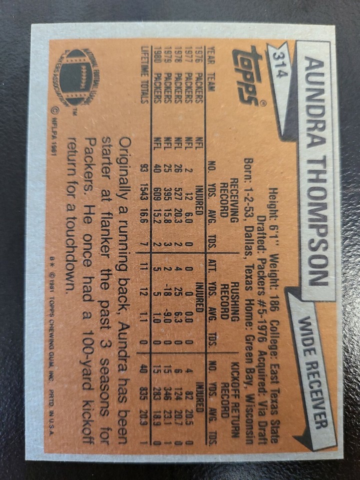 1981 Topps Aundra Thompson Packers NRMT card #314.. | eBay