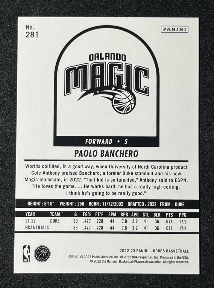 2022-23 Panini NBA Hoops Paolo Banchero Rookie RC #281 Orlando Magic | eBay