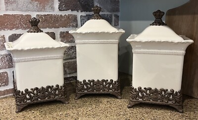 JCPenney Chris Madden Set of 3 Ivory Foret Stoneware Canisters w/ Salt ...
