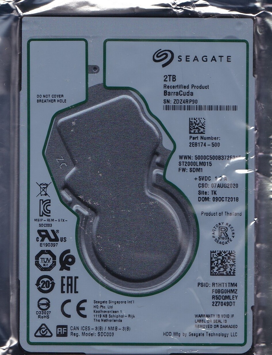 ST2000LM015 p/n: 2E8174-500 f/w: SDM1 ZDZ TK OCT/2018 2TB SATA 2.5 ...