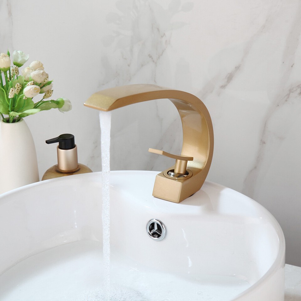 Brushed Golden Bathroom Faucet Single Handle Deck Mounted Brass Mixer ...