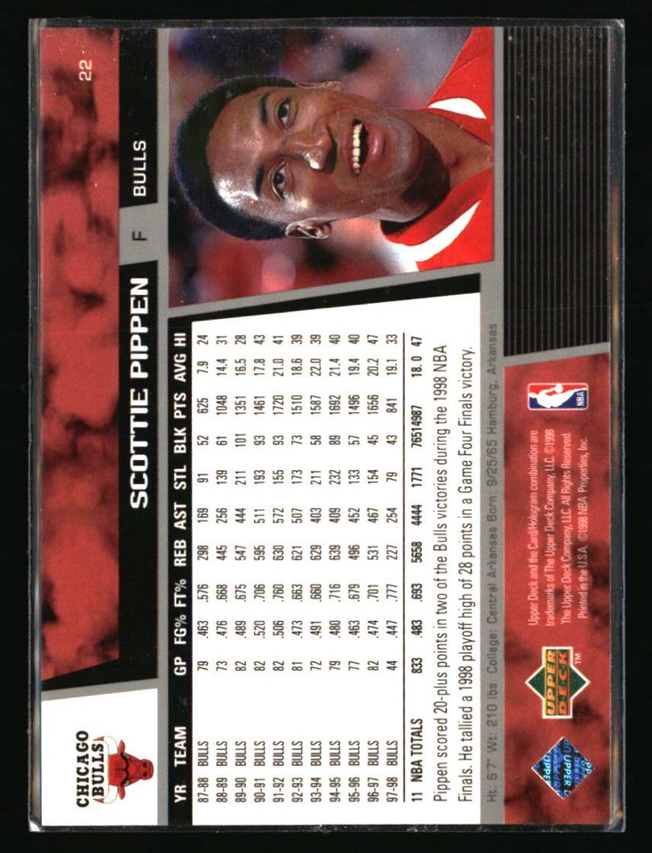 Scottie Pippen 1998-99 Upper Deck:#22 BASKETBALL Card | eBay