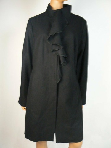 $380 T Tahari Black Wool Blend Ruffle Front Stand Collar Kate Coat 0X ...
