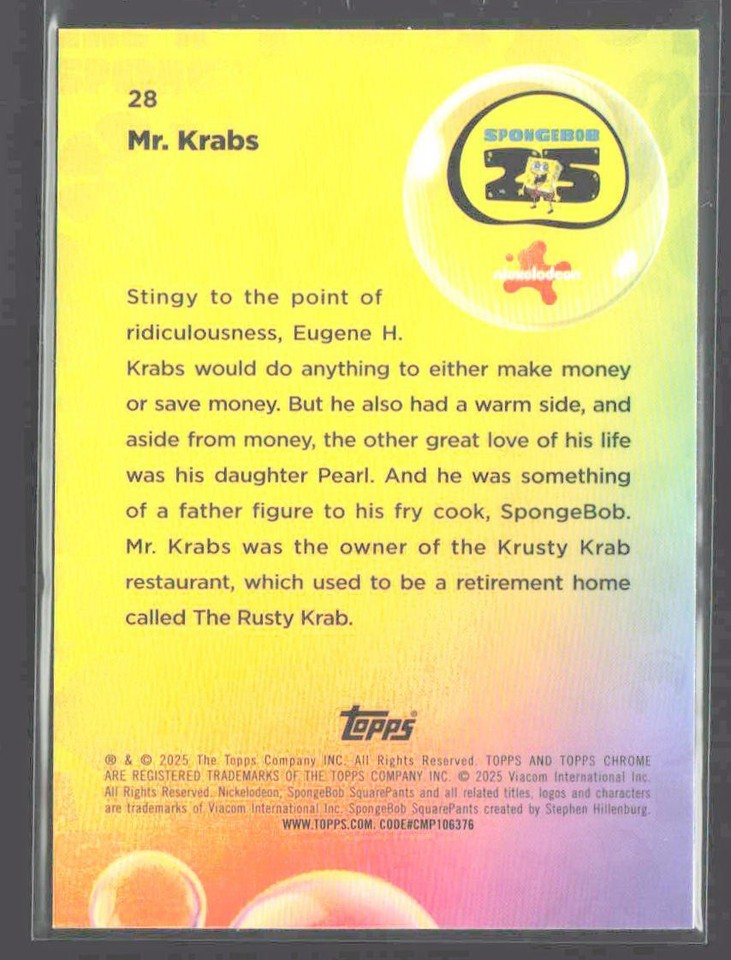 2025 Topps Chrome SpongeBob SquarePants 25th Anniversary #28 Mr. Krabs ...