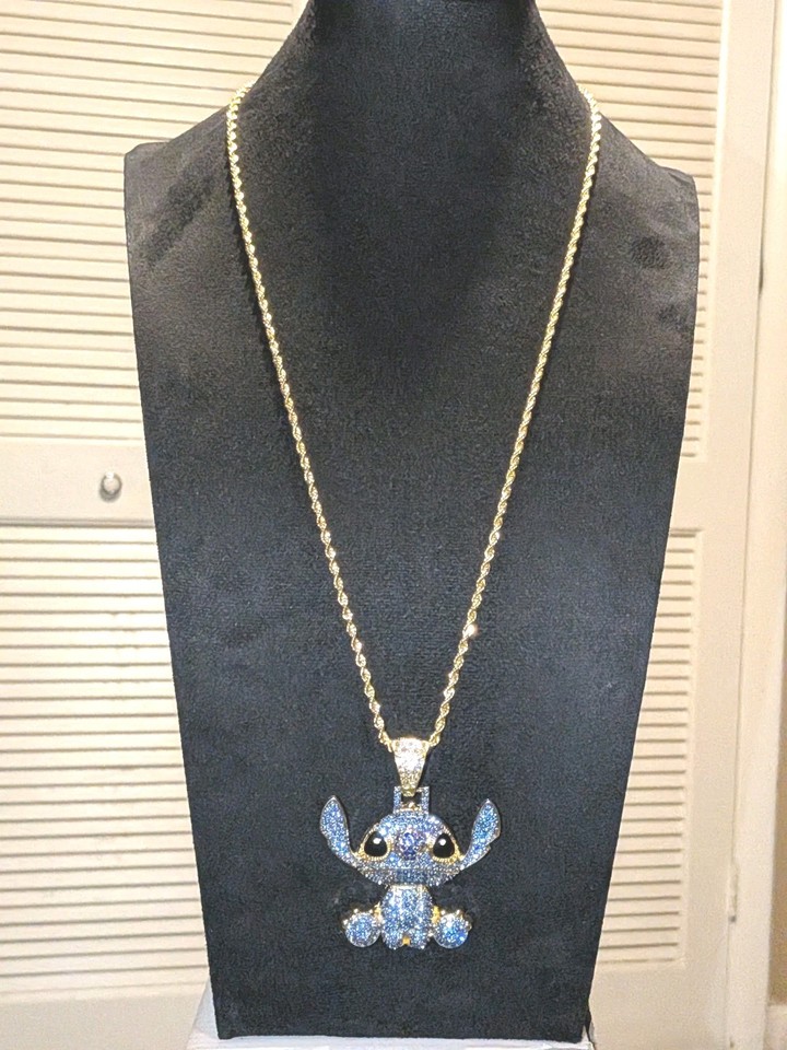 Stitch Character Rhinestone Pendant on Gold-Tone Bling Hip Hop Necklace ...