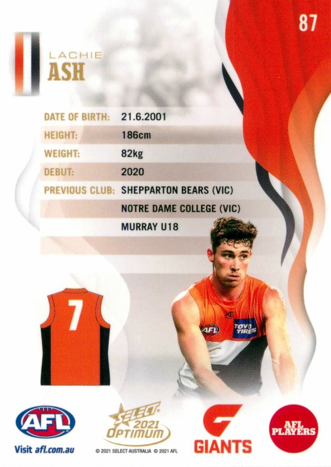 2021 GWS GIANTS AFL Card LACHIE ASH Optimum | eBay