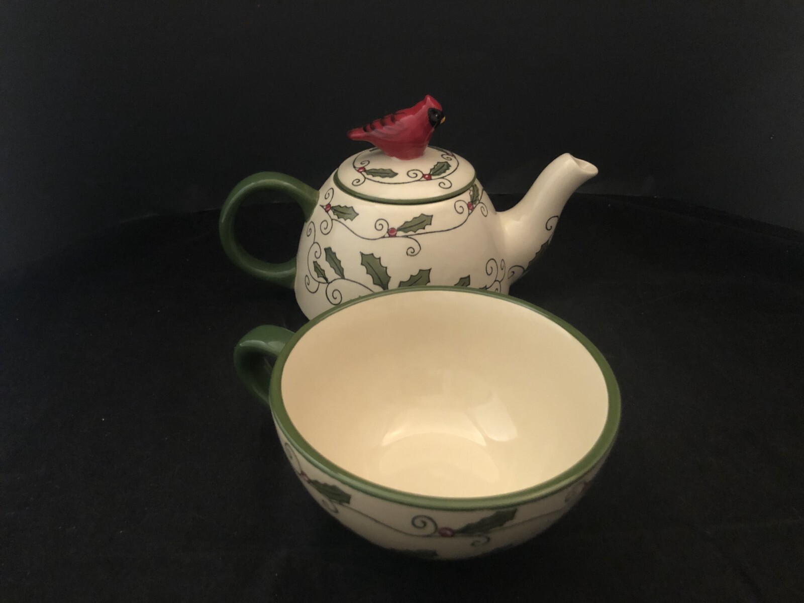 Temp-tations 3 Piece Holly & Berry Cardinal Figural Ceramic 2 Cup Tea ...