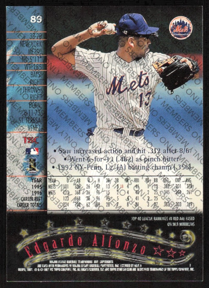 1997 Topps Stadium Club Members Only Edgardo Alfonzo #89 New York Mets ...