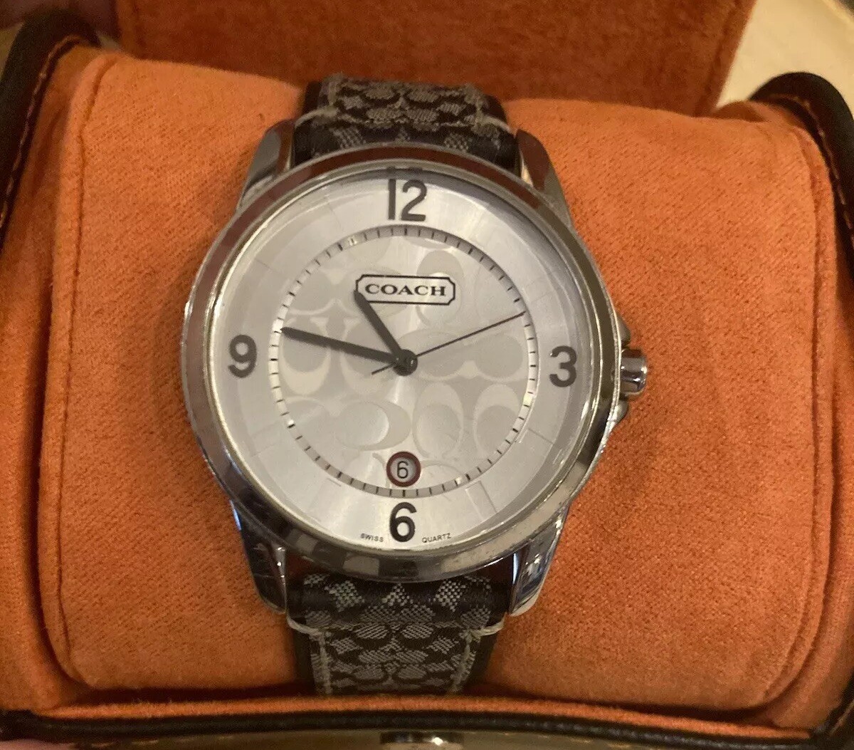 Coach Analog Silver Face Logo Black & Grey Band Watch - Gem