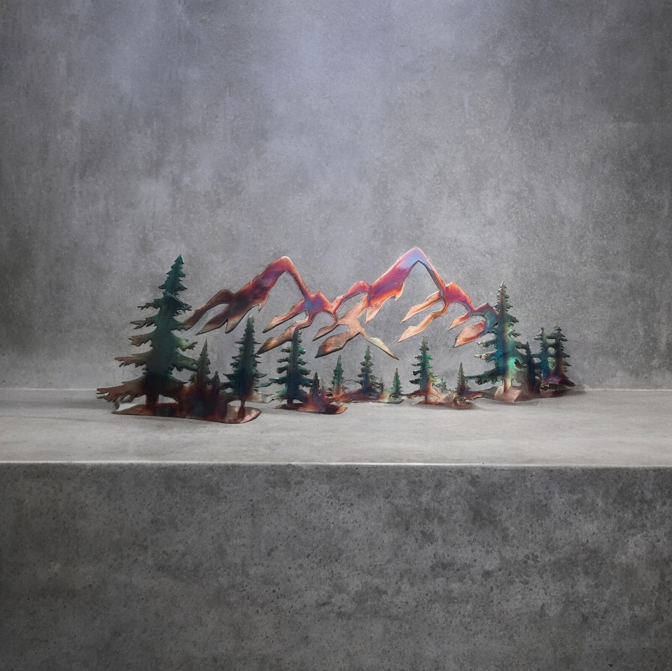Tree & Mountain Scene - Metal Wall Art - Copper and Green 26" x 10 3/4 ...