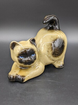 Siamese Cat Figurine Kitty Kitten Made in Brazil Ceramic Blue Eyes ...
