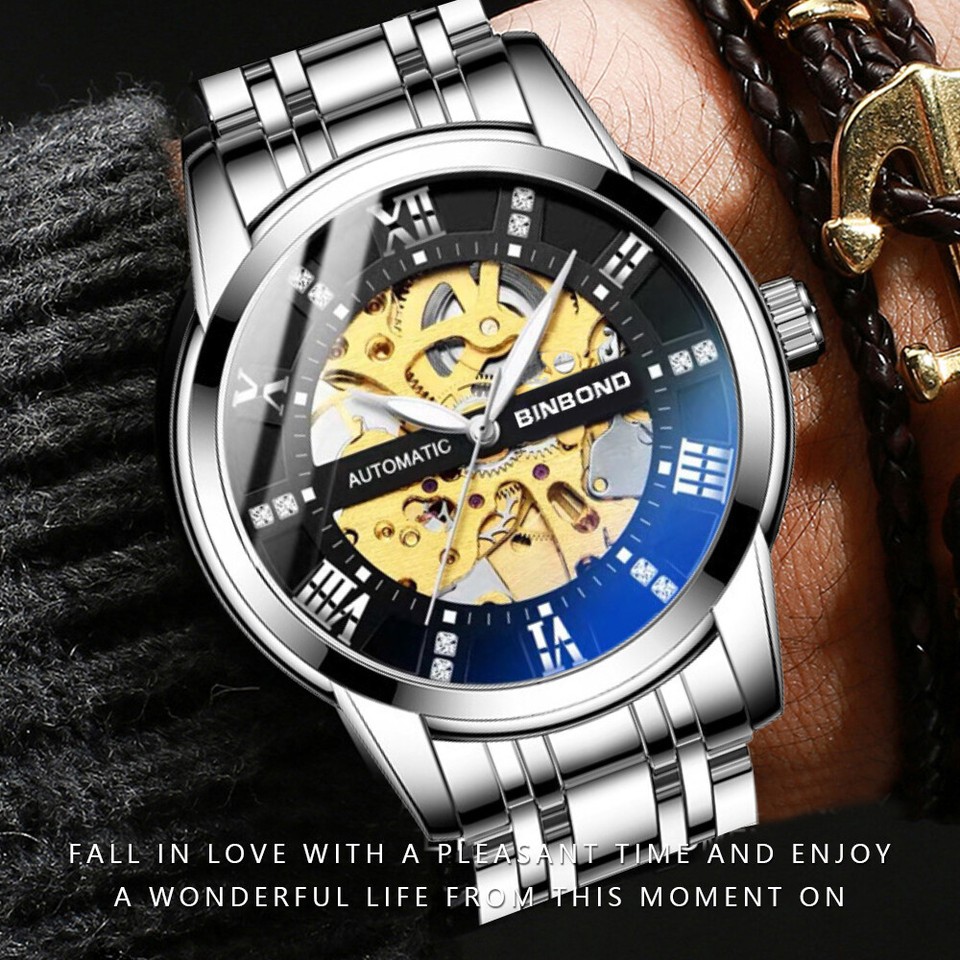 Men's Luxury Stainless Steel Skeleton Automatic Mechanical Wrist Watch ...