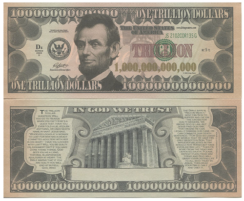 One Trillion Dollars 1,000,000,000,000 Lincoln Novelty Christian Bill ...