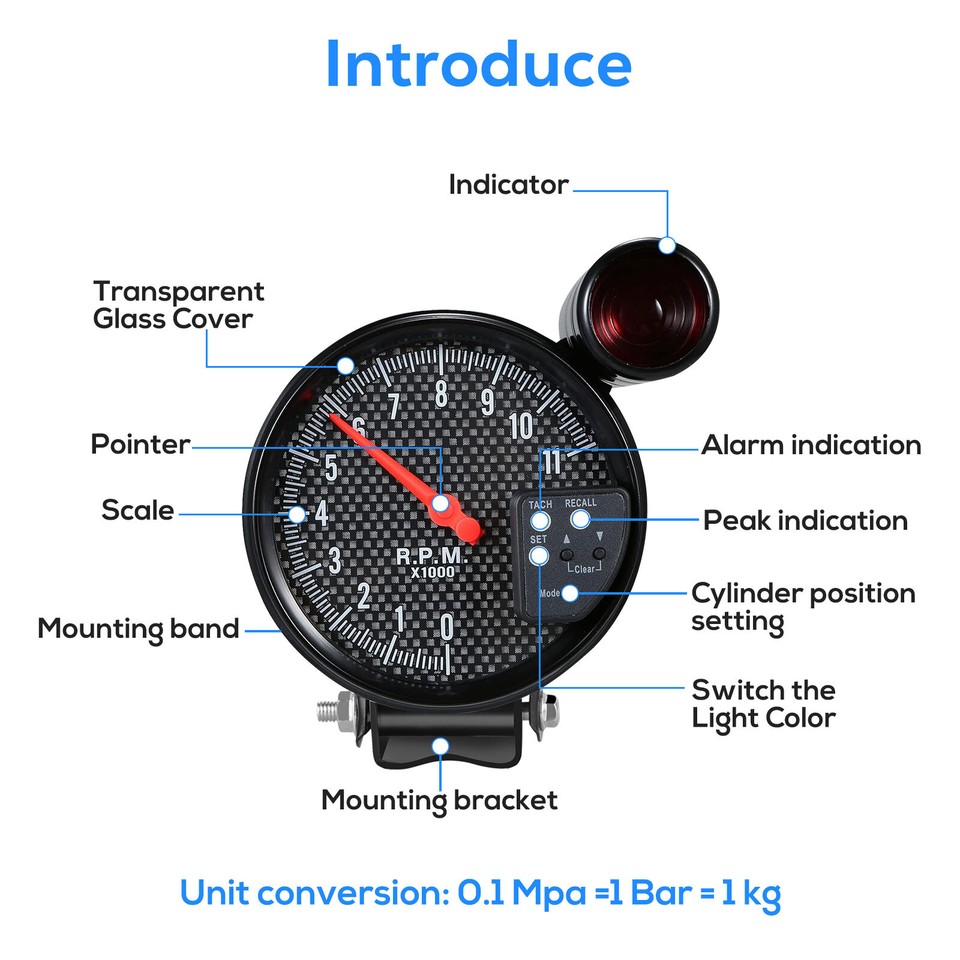 Universal 5" Tachometer Gauge 7 Color Backlit 0-11000 RPM Meter with ...