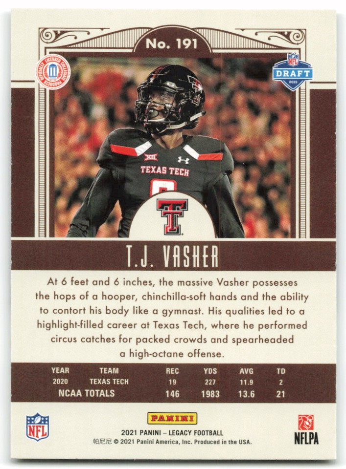 2021 Panini Legacy #191 T.J. Vasher Texas Tech Red Raiders RC | eBay