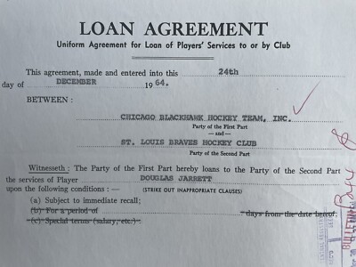 Original Loan Agreement Doug Jarrett 1964 Autographed By Tommy Ivan ...