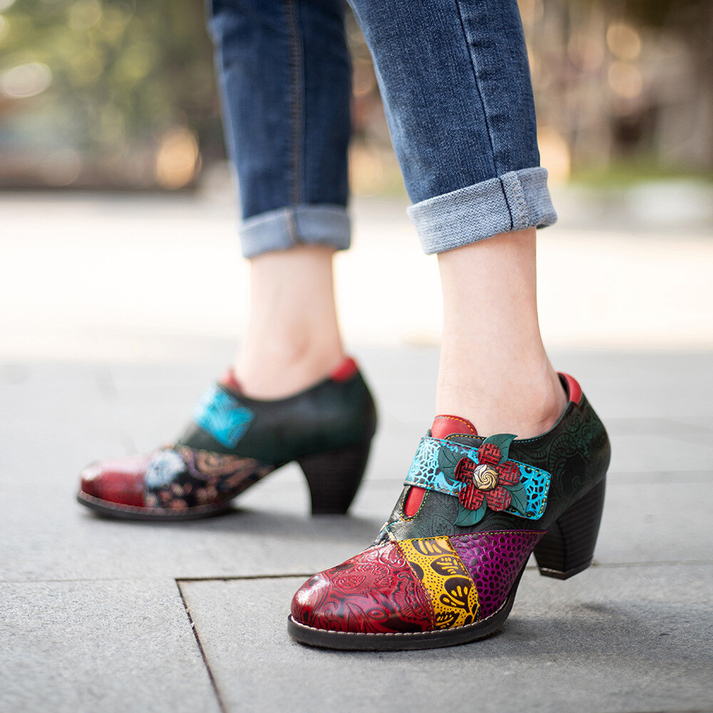 Vintage Handmade Print Stitching Women's Stacked Heel Pumps Oxford ...